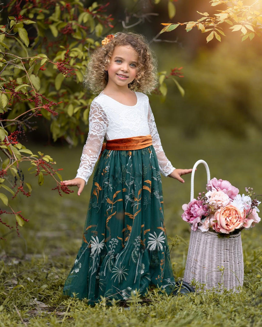 White Lace Hunter Green Flower Girl Dress - Autumn Wedding – The Little ...