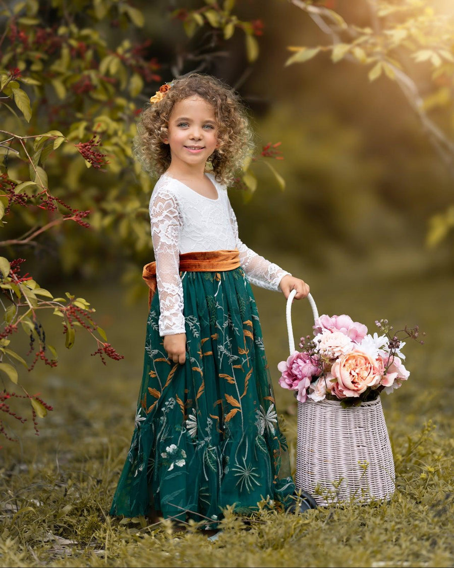 White Lace Hunter Green Flower Girl Dress - Autumn Wedding – The Little ...